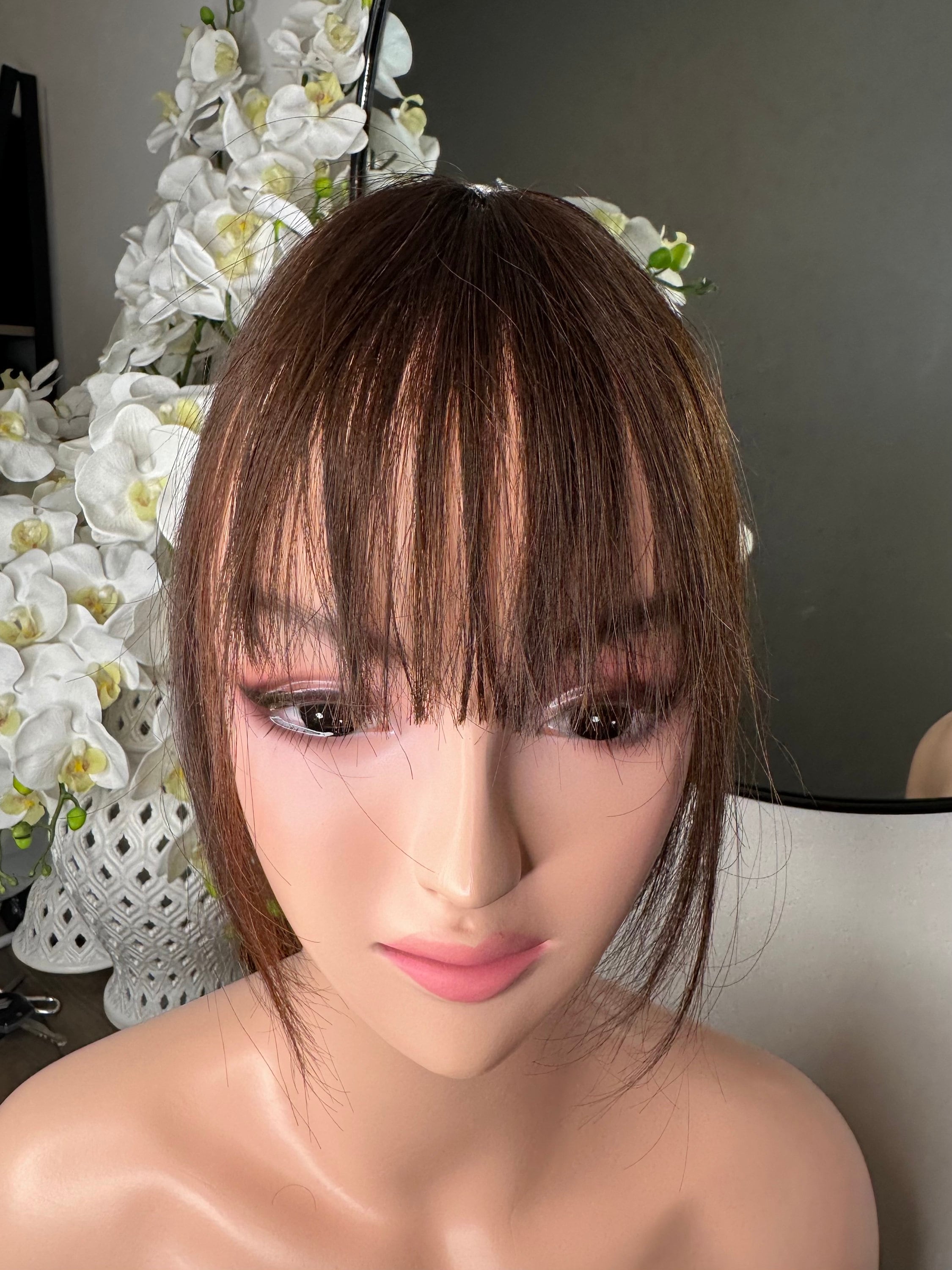 Lavia, chocolate brown, handmade silk based Mini Hair Topper with frin ...